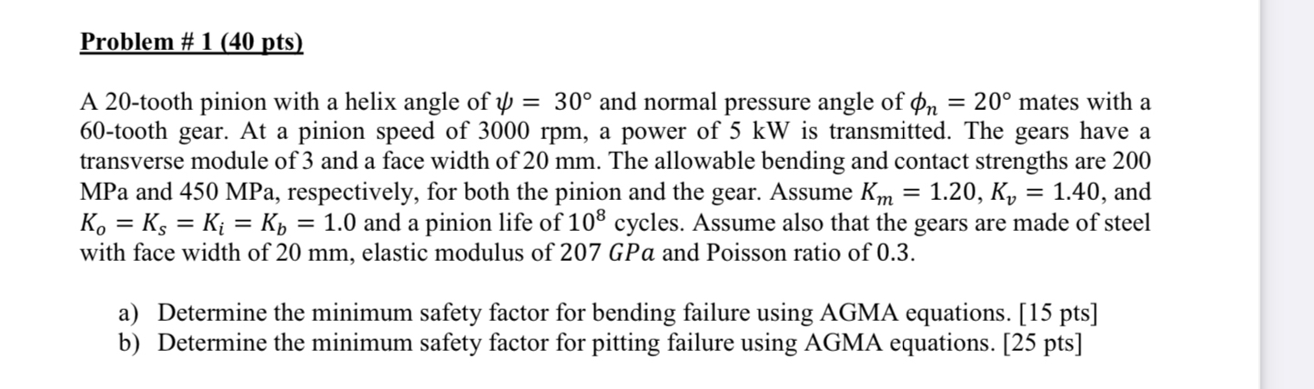 Solved Problem # 1 (40 ﻿pts)A 20-tooth pinion with a helix | Chegg.com