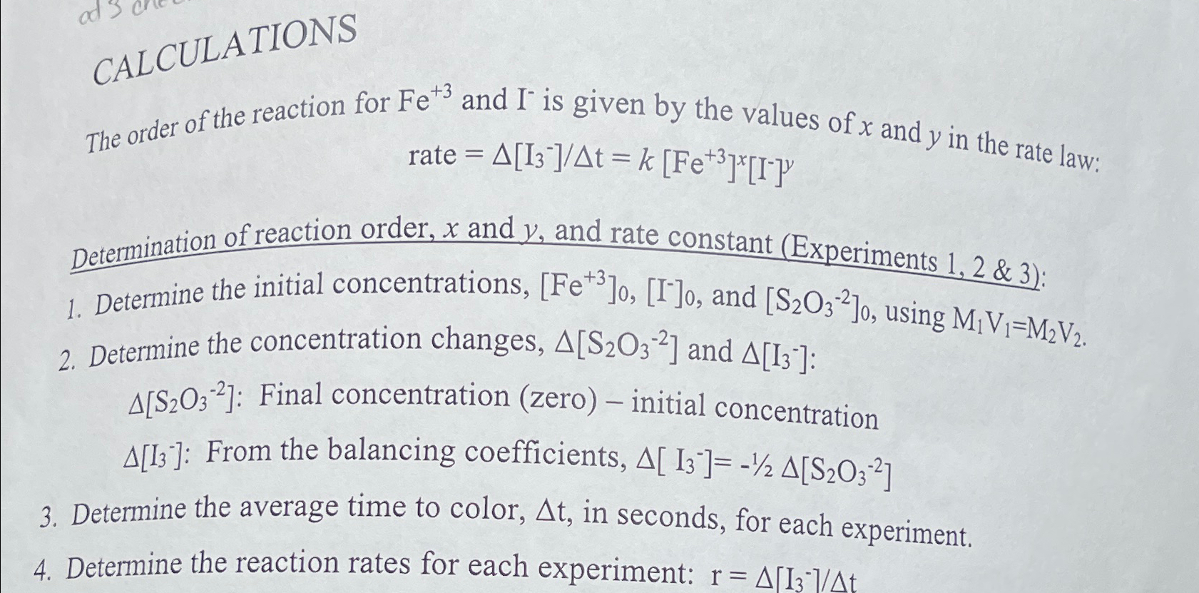 Solved CALCULATIONSThe order of the reaction for Fe+3 ﻿and | Chegg.com