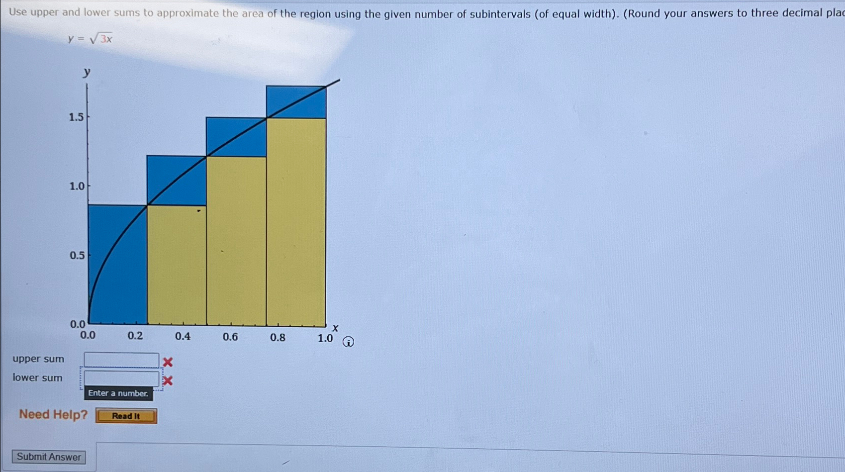 Solved Use upper and lower sums to approximate the area of | Chegg.com