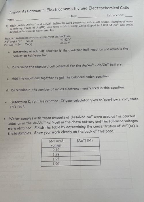 Solved Prelab Assignment: Electrochemistry and | Chegg.com