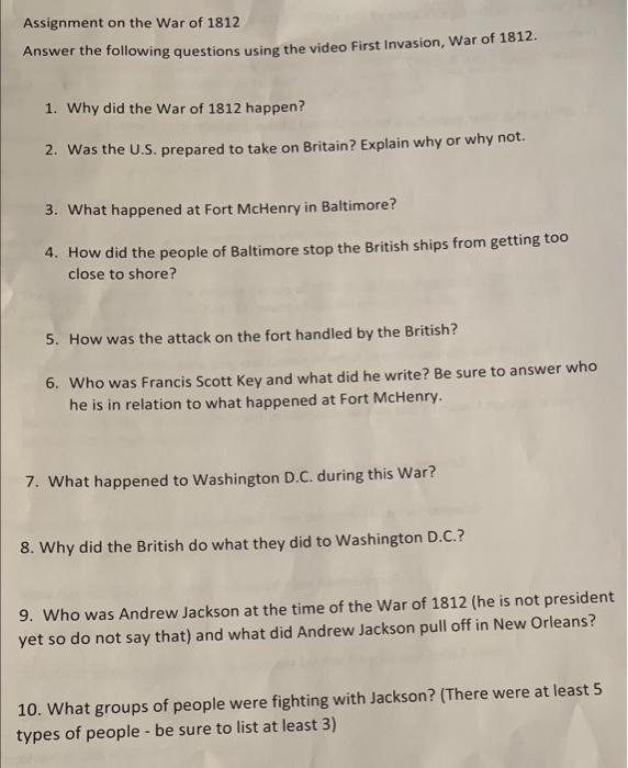 Assignment on the War of 1812 Answer the following | Chegg.com