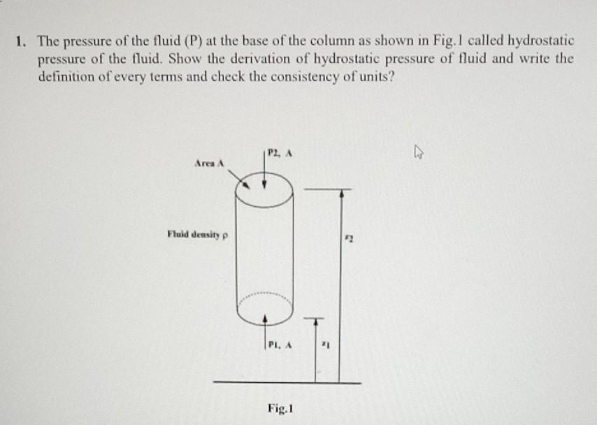 Solved 1. The pressure of the fluid (P) at the base of the | Chegg.com