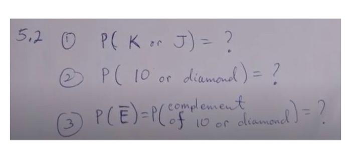 Solved P(K or J)= ? P(10 or diamond )= ? P(Eˉ)=P( complement | Chegg.com