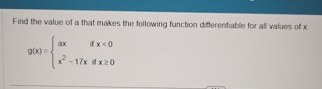 Solved Find the value of a that makes the following function | Chegg.com