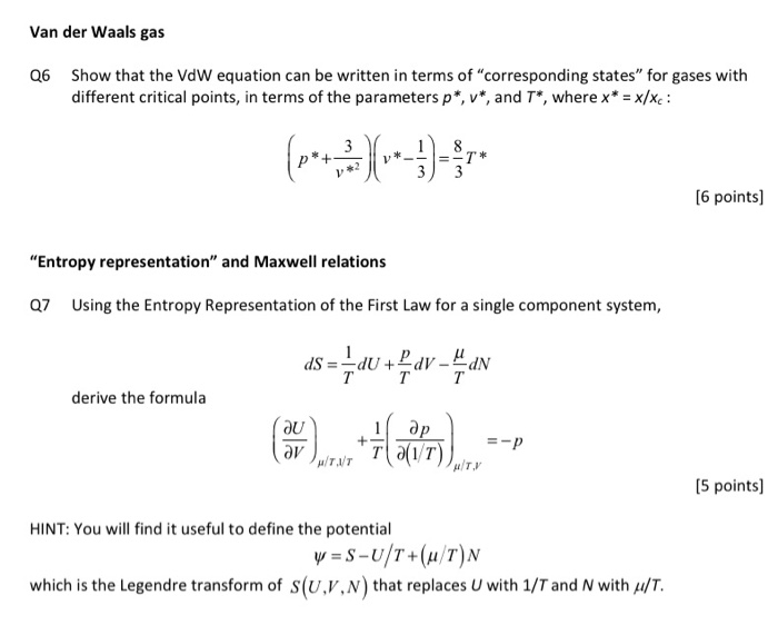 Solved Van der Waals gas Q6 Show that the VdW equation can | Chegg.com