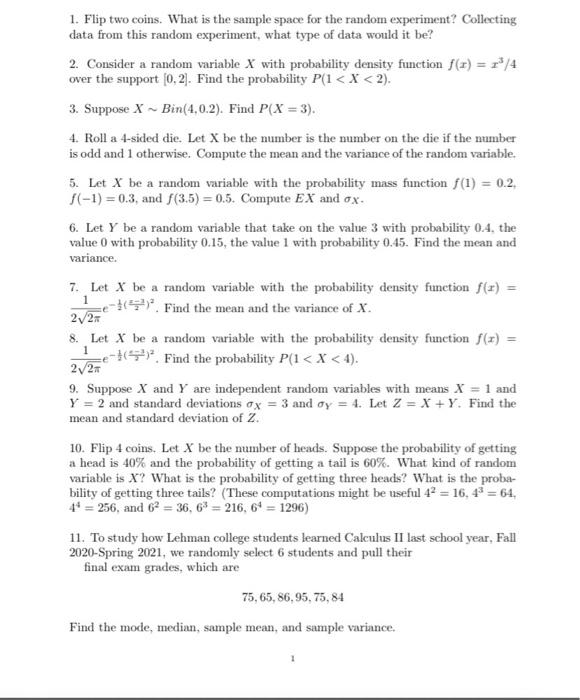 Solved 1. Flip two coins. What is the sample space for the | Chegg.com