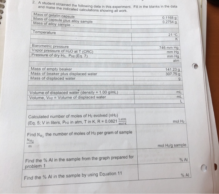 Solved 2. A student obtained the following data in this | Chegg.com