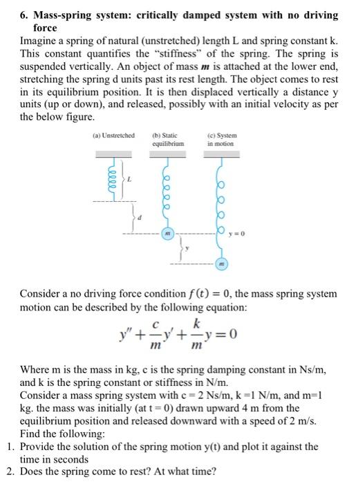 Solved 6. Mass-spring system: critically damped system with | Chegg.com