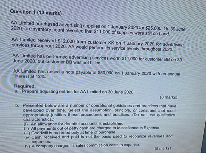 Solved Question 1 (13 marks) AA Limited purchased | Chegg.com