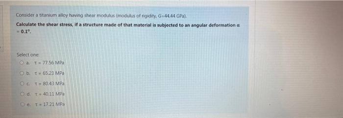 Solved Consider a titanium alloy having shear modulus | Chegg.com