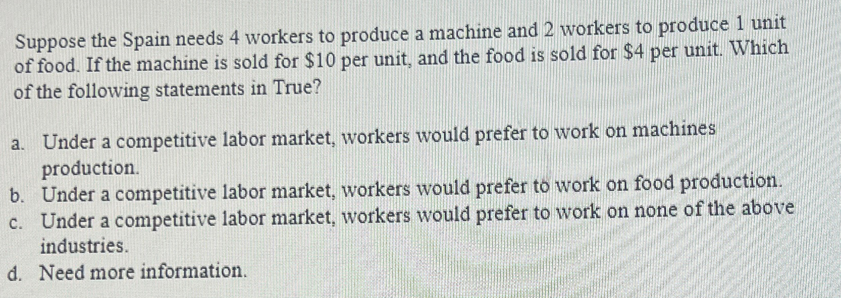 Solved Suppose the Spain needs 4 ﻿workers to produce a | Chegg.com