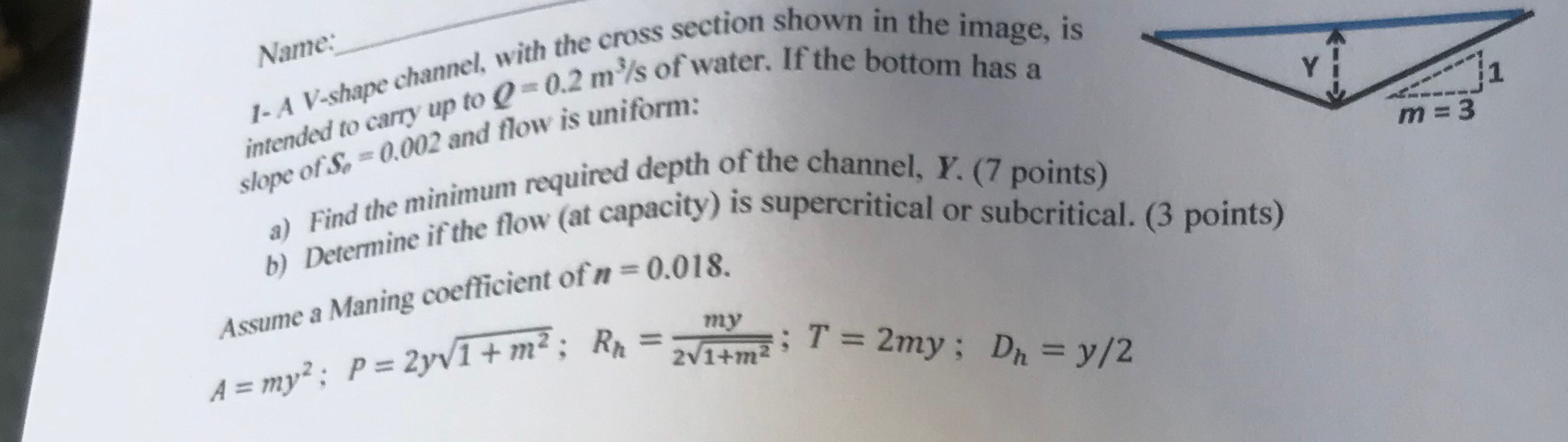 Solved Name: q, 1-A V-shape channel, with of water. If the | Chegg.com
