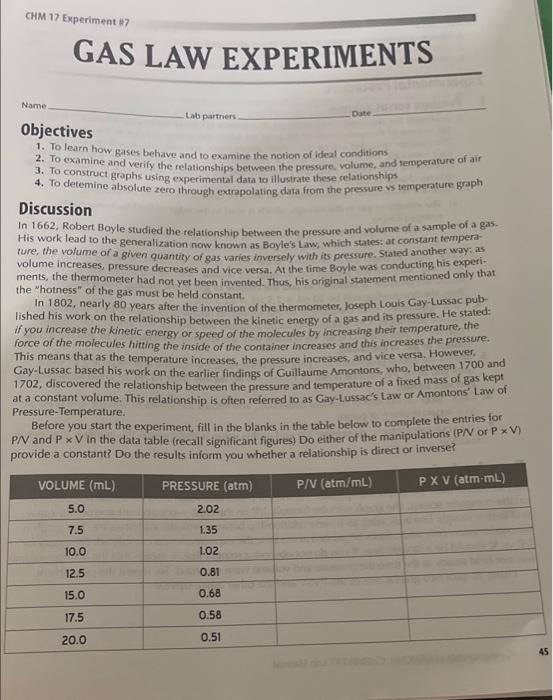 Solved CHM 17 Experiment #7 GAS LAW EXPERIMENTS Name Date | Chegg.com