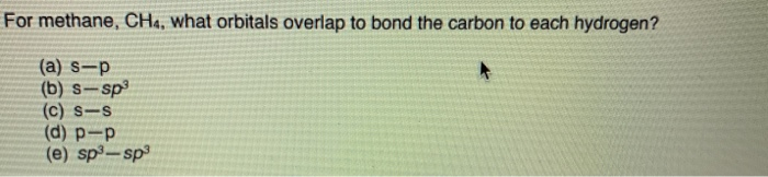 Solved For methane, CH4, what orbitals overlap to bond the | Chegg.com