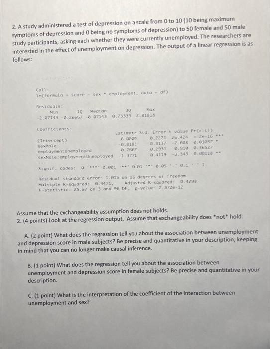 2. A study administered a test of depression on a | Chegg.com
