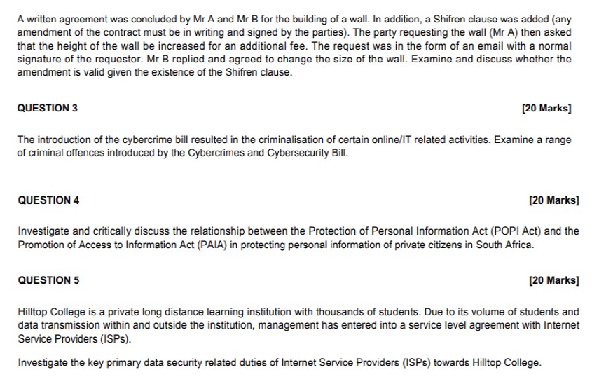 Solved QUESTION 2 [20 ﻿Marks] ﻿A written agreement was | Chegg.com