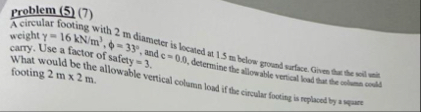 Problem (5) (7)A circular footing with 2 ﻿m diameter | Chegg.com