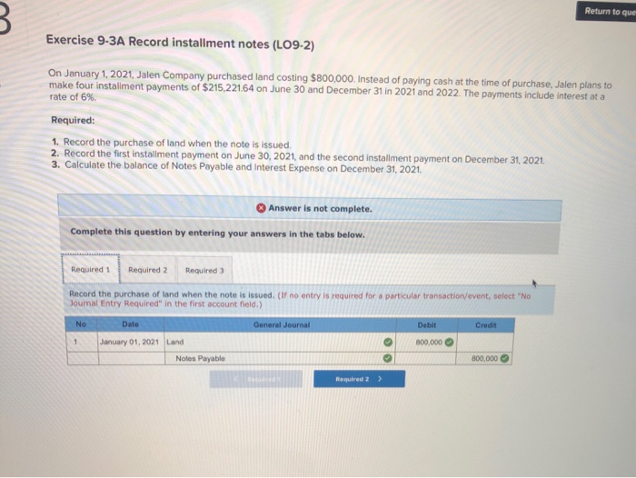 Solved Return to que Exercise 9-3A Record installment notes | Chegg.com