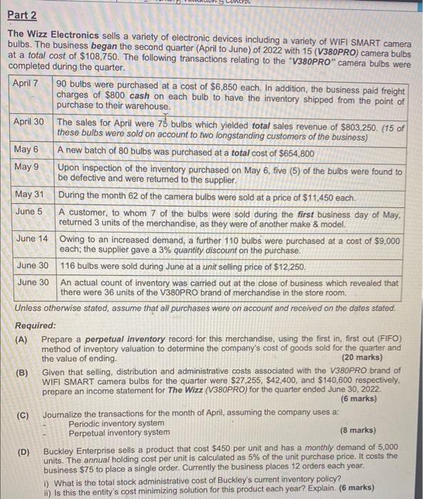 Solved The Wizz Electronics sells a variety of electronic | Chegg.com