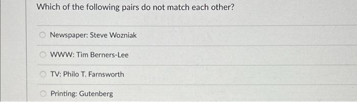 Which of the following pairs do not match each other? | Chegg.com