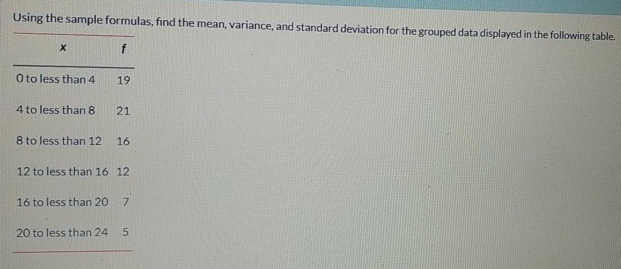 Solved Using the sample formulas, find the mean, variance, | Chegg.com
