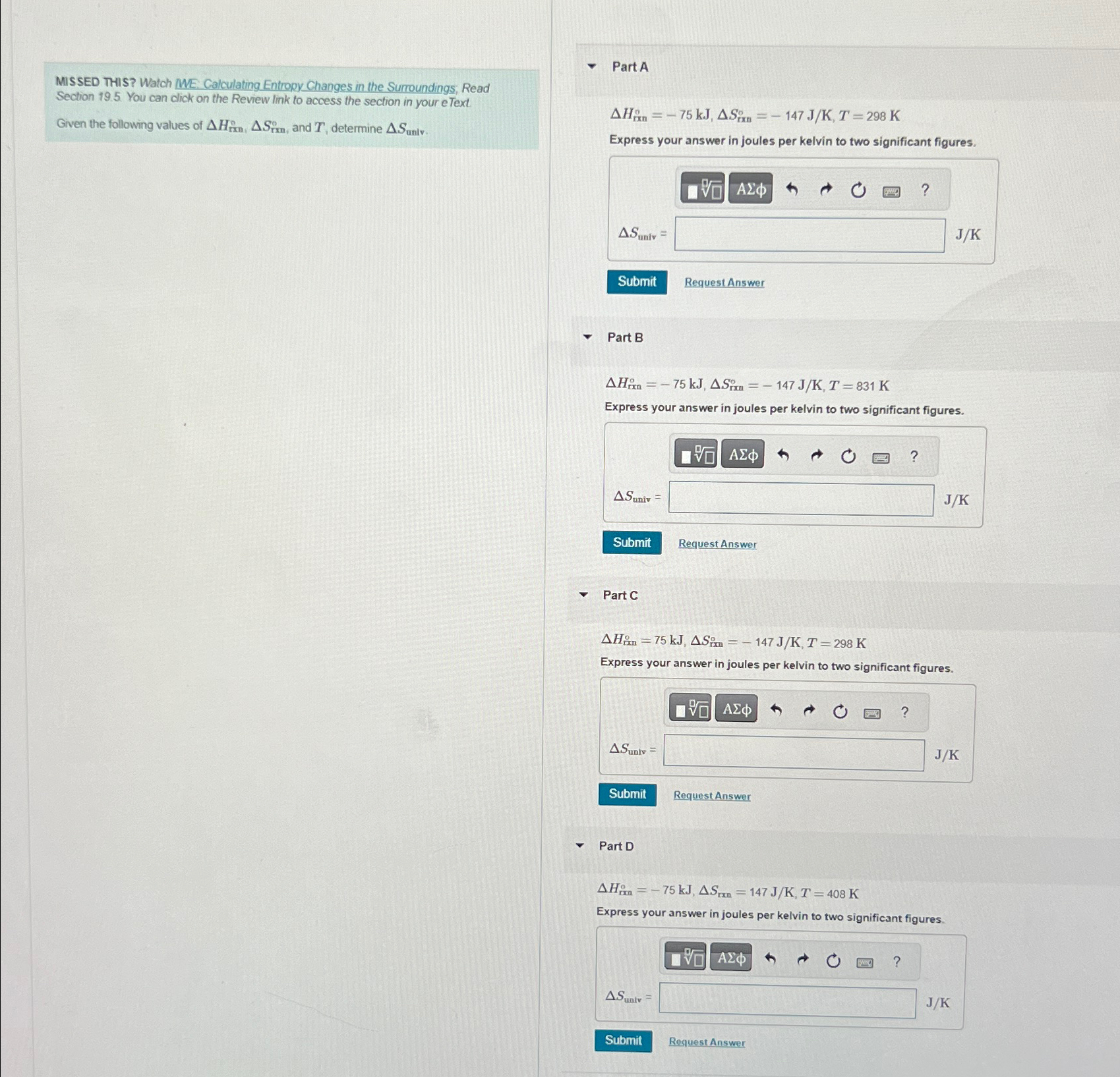 Solved MISSED THIS? Watch ME. ﻿Calculating Entropy Changes | Chegg.com