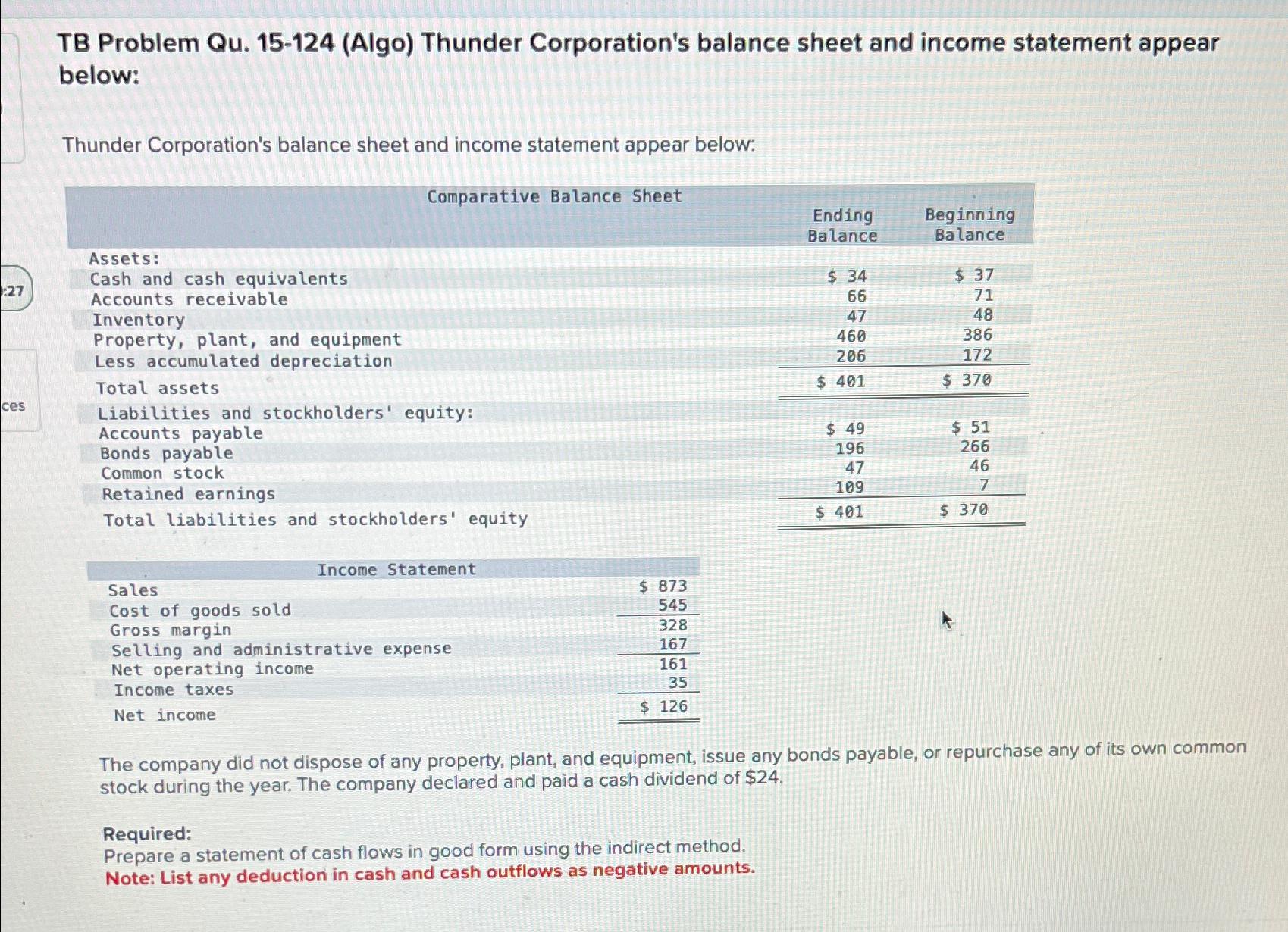 Solved TB Problem Qu. 15-124 (Algo) ﻿Thunder Corporation's | Chegg.com