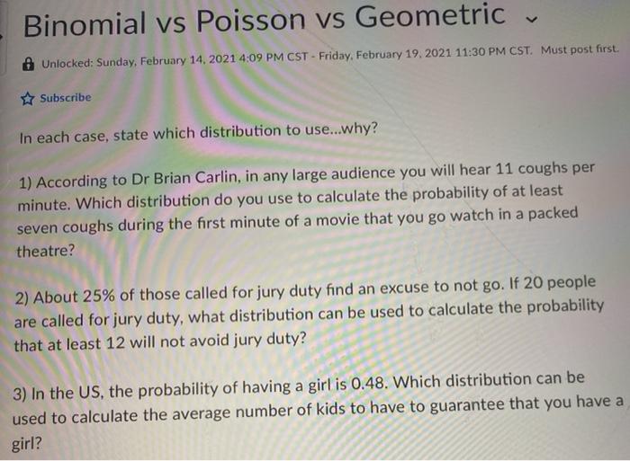 Solved Binomial vs Poisson vs Geometric Unlocked: Sunday, | Chegg.com