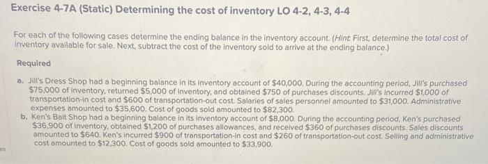 Solved Exercise 4-7A (Static) Determining the cost of | Chegg.com