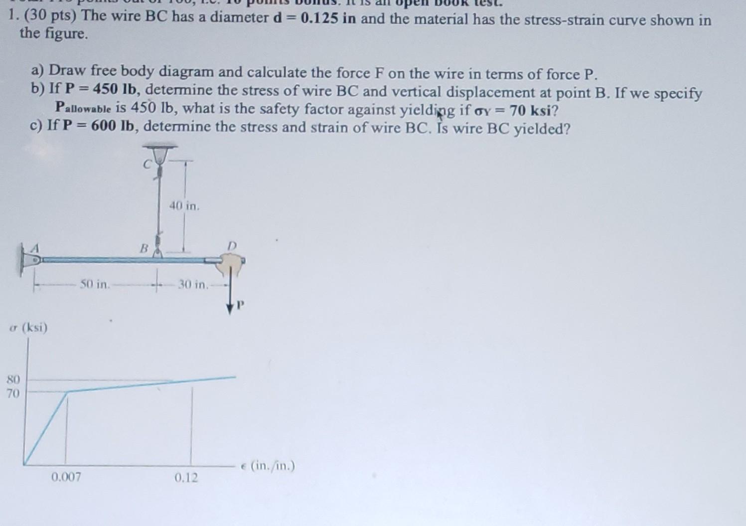 Solved 1. (30 pts) The wire BC has a diameter d = 0.125 in | Chegg.com