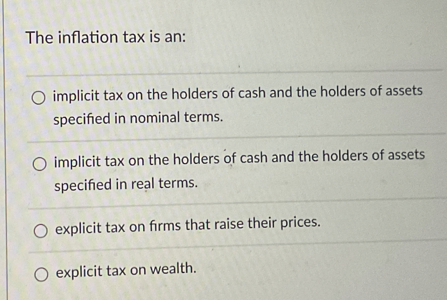 Solved The inflation tax is an:implicit tax on the holders | Chegg.com