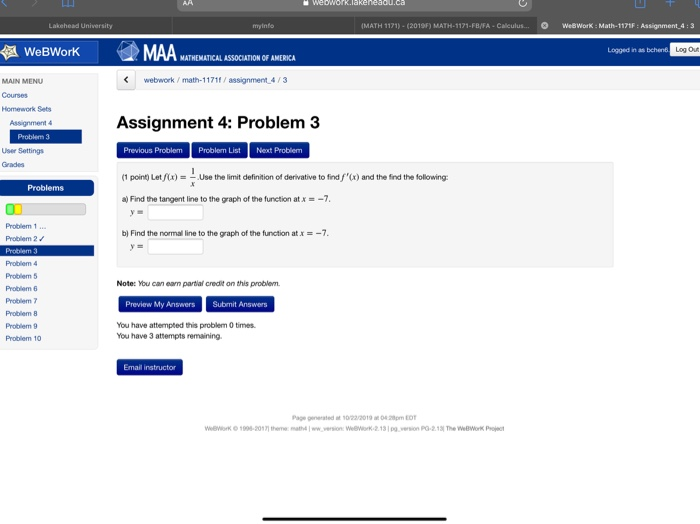 Solved AA welbwork.lakeneadu.ca (MATH 1171)- (2019F ) | Chegg.com