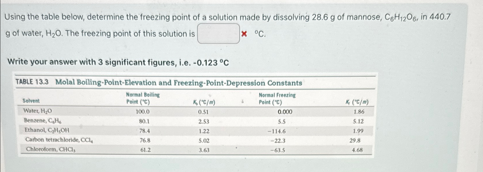 Solved Using the table below, determine the freezing point | Chegg.com