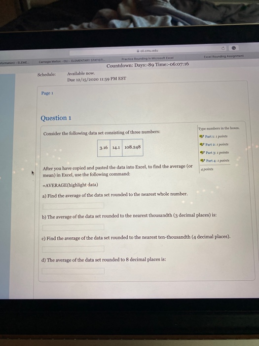 Solved oli.cmu.edu Excel Rounding Assignment formation - | Chegg.com
