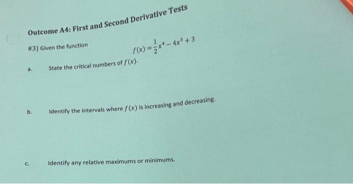 Outcome A4: First and Second Derivative TestS \#3) | Chegg.com