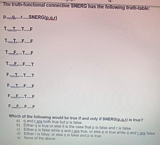 Solved The truth-functional connective SNERG has the | Chegg.com