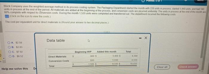 Solved (Click on the xicon to view the costs) The cost per | Chegg.com