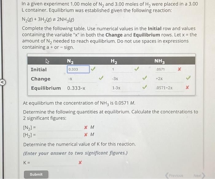 Solved In a given experiment 1.00 mole of N2 and 3.00 moles | Chegg.com