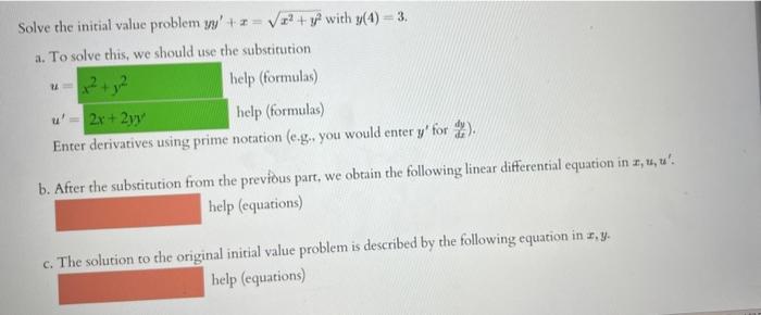 Solved Solve the initial value problem y′+x=x2+y2 with | Chegg.com