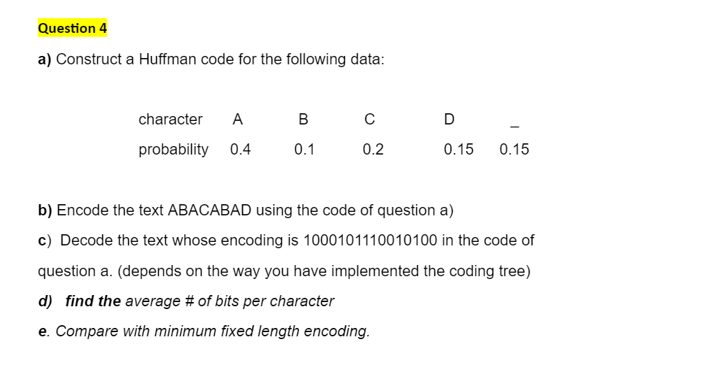 Solved Question 4a) ﻿Construct a Huffman code for the | Chegg.com