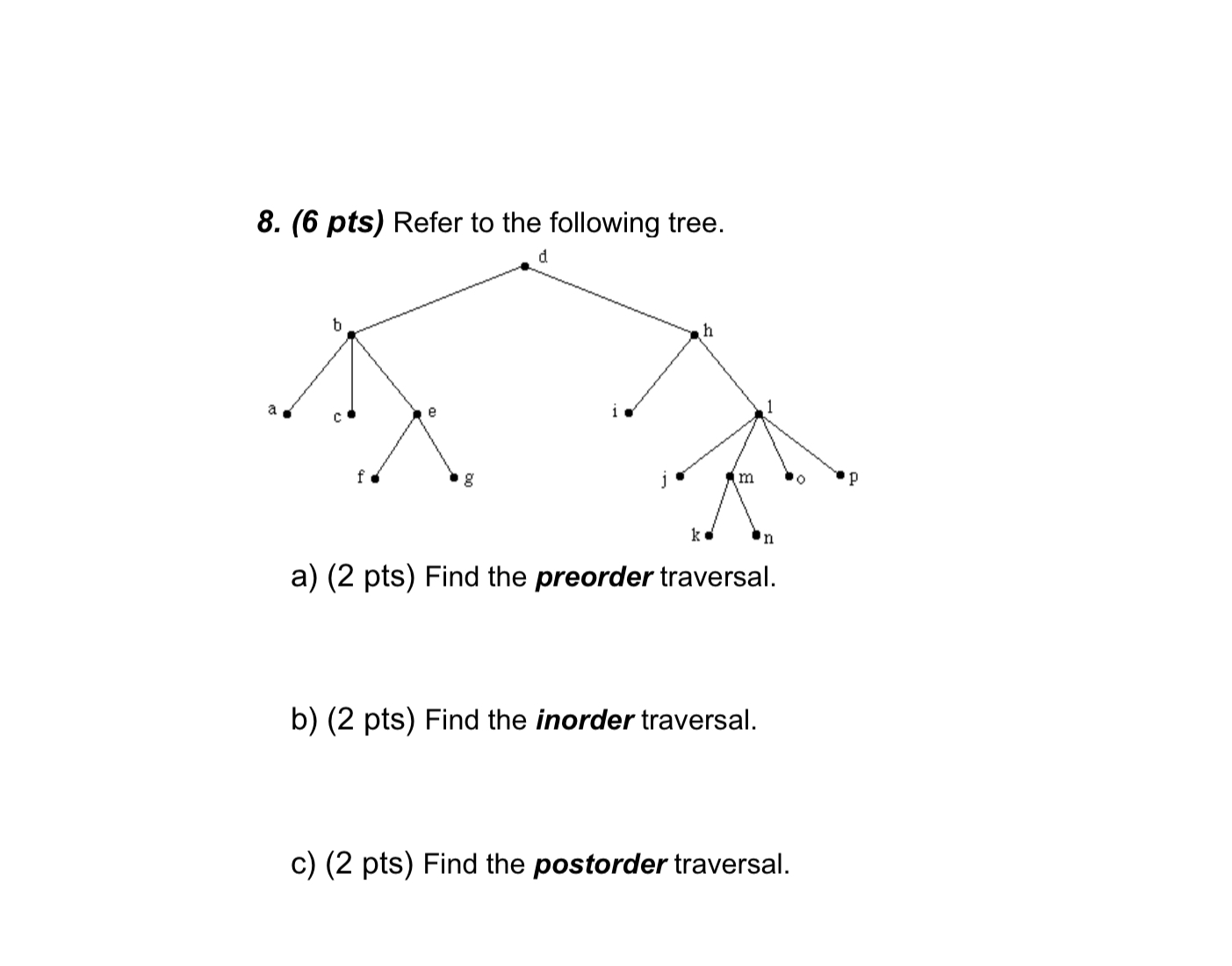 Solved a) (2 ﻿pts) ﻿Find the preorder traversal.b) (2 ﻿pts) | Chegg.com
