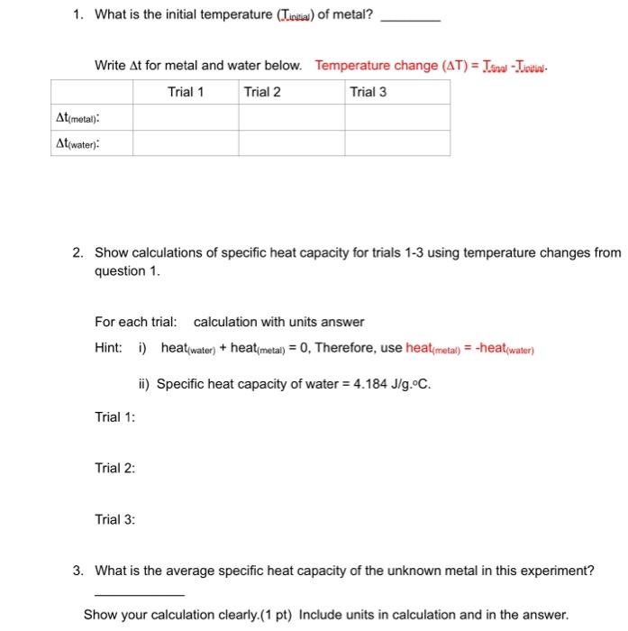 Solved Table 2: Mass (1 pt) Table 3: Specific Heat Data (4 | Chegg.com