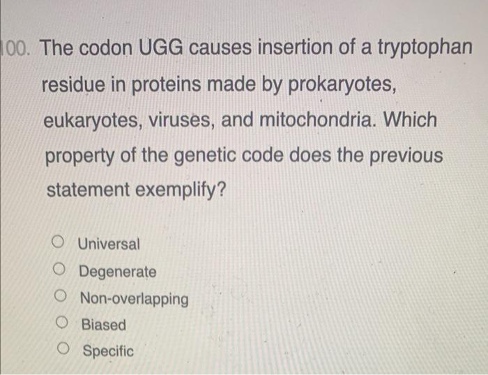 Solved The codon UGG causes insertion of a tryptophan | Chegg.com