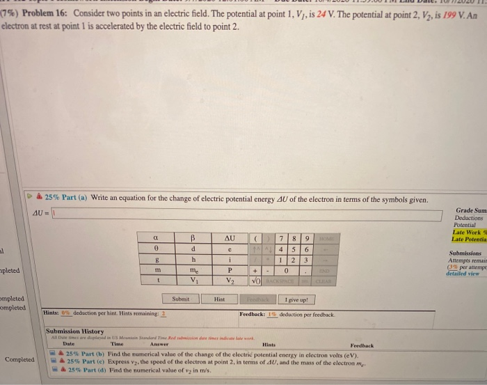 Solved (7%) Problem 16: Consider two points in an electric | Chegg.com