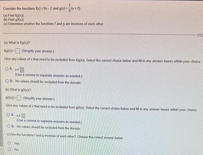 Solved Consider the functions f(x)=8x−2 and g(x)=81(x+2). | Chegg.com