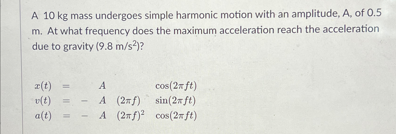 Solved A 10kg ﻿mass undergoes simple harmonic motion with an | Chegg.com