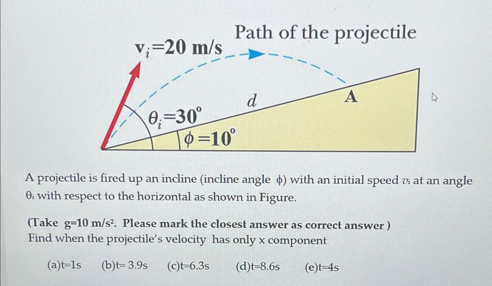 Solved Path of the projectile vi=20msA projectile is fired | Chegg.com