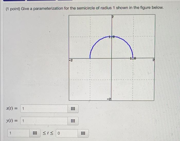 Solved (1 point) Give a parameterization for the semicircle | Chegg.com