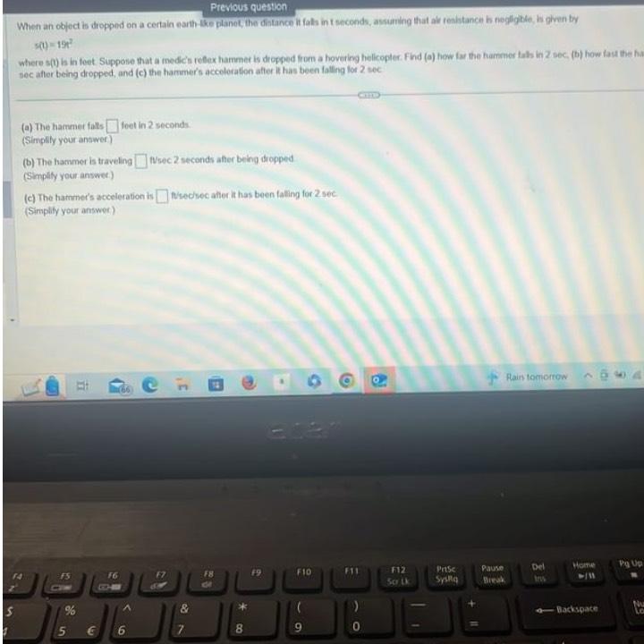 Solved Previous questions(t)=19X2sec afher being dropped, | Chegg.com