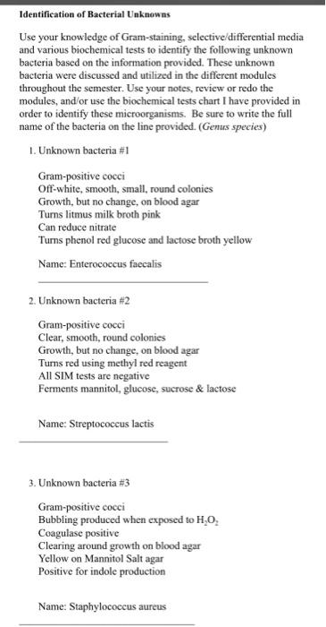 Solved Identification of Bacterial Unknowns Use your | Chegg.com